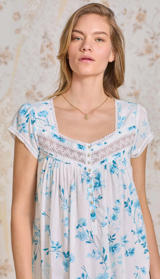 Eileen West Cap Sleeve White/Aqua Floral 100% Cotton Lawn Ballet ...