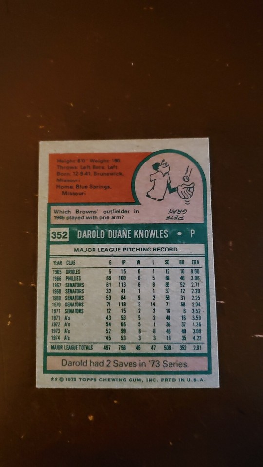 1975 Topps Baseball Darold Knowles #352 | eBay