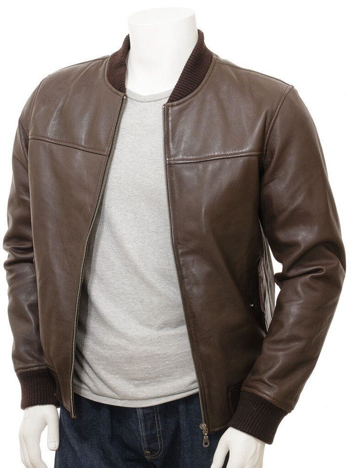 Mens Bomber Leather Jacket Rib Collar Real Sheep Skin Leather | eBay