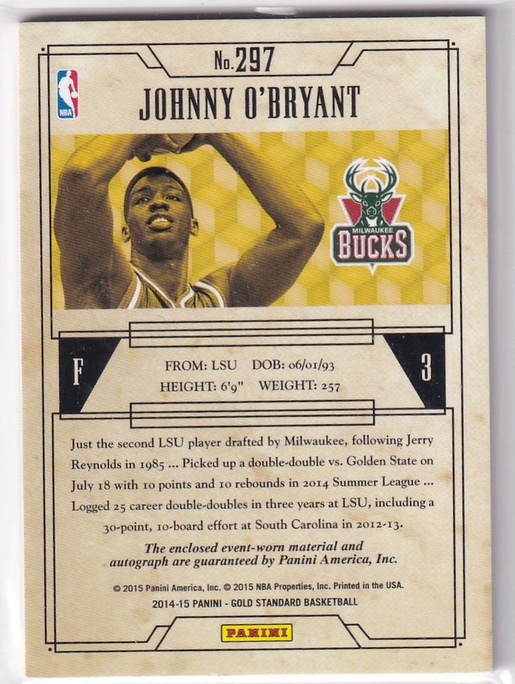 2014-15 Panini Or Standard NBA Numéro 297 Johnny'Bryant On-Card Auto ...