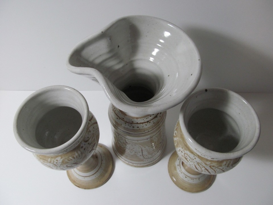 VINTAGE HAGE STONEWARE PITCHER AND 2 GOBLETS HANDCRAFTED ART POTTERY ...