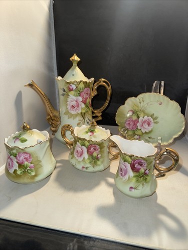 8 Vintage Lefton Hand Painted China Tea Set Pink Roses Green W/ Gold ...