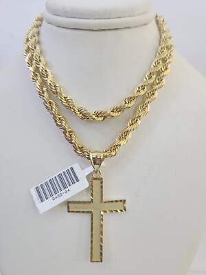 Real 10k Rope Chain Jesus Cross Charm Necklace Pendant Set 5mm 20"-30 ...