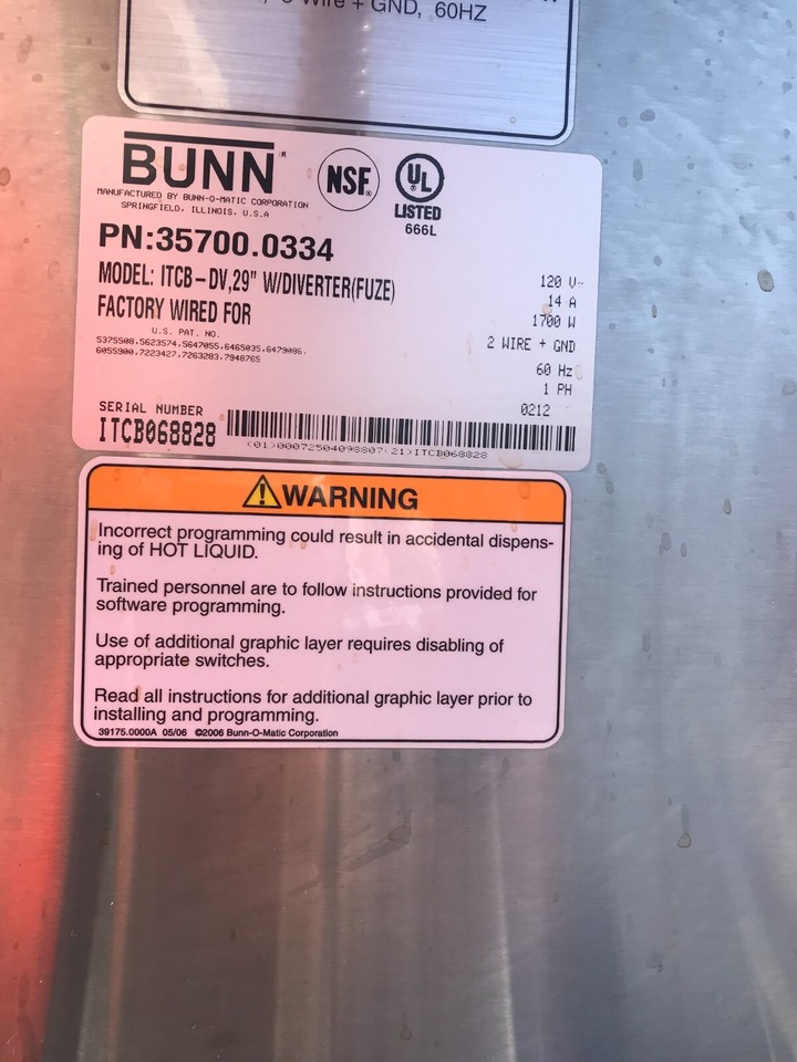 BUNN ITCB-DV 29" 3500.0334 ICE TEA/COFFEE COMMERCIAL BREWER W/DIVERTER ...