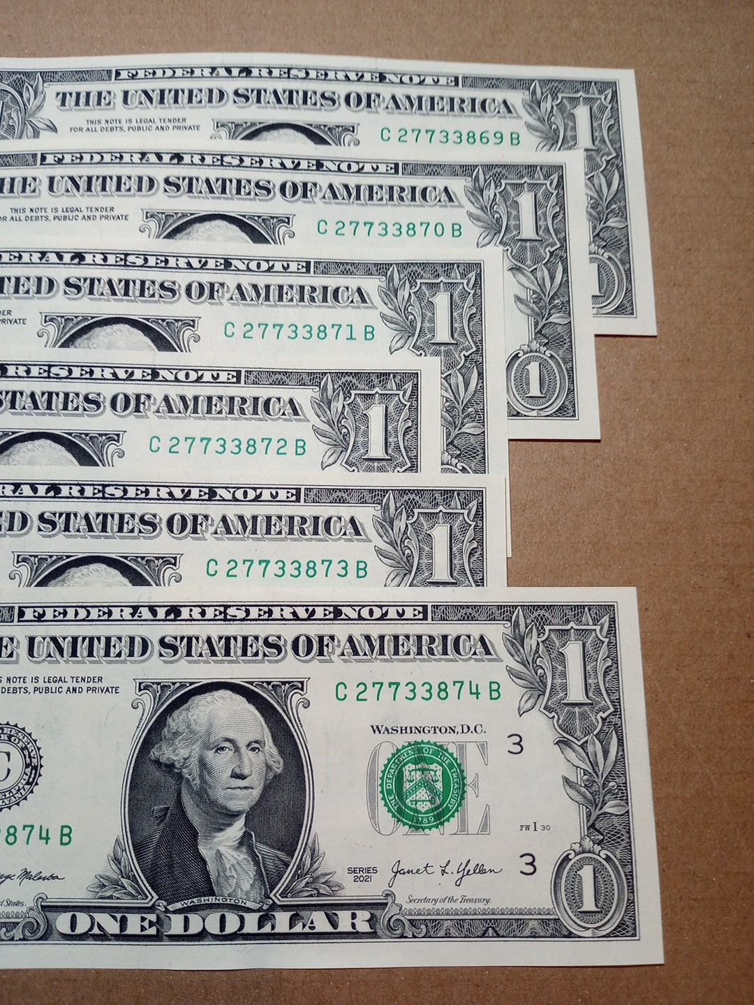 6 $1 US Bank Notes, Sequential Serial # , Uncirculated Gem Mint ...