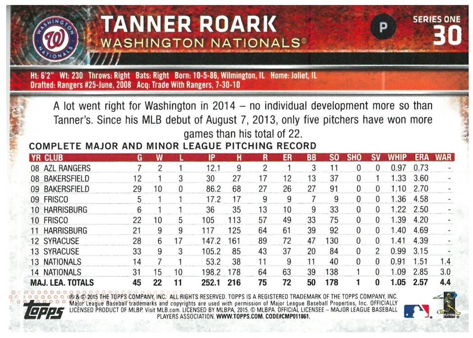 2015 TOPPS TANNER ROARK FUTURE STARS BASEBALL CARD #30 | eBay