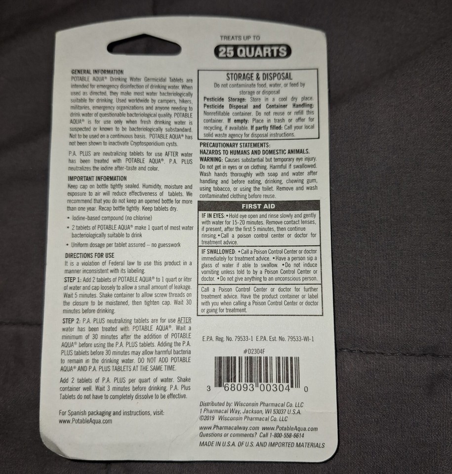 Potable Aqua Water Purification Tablets with PA Plus | eBay