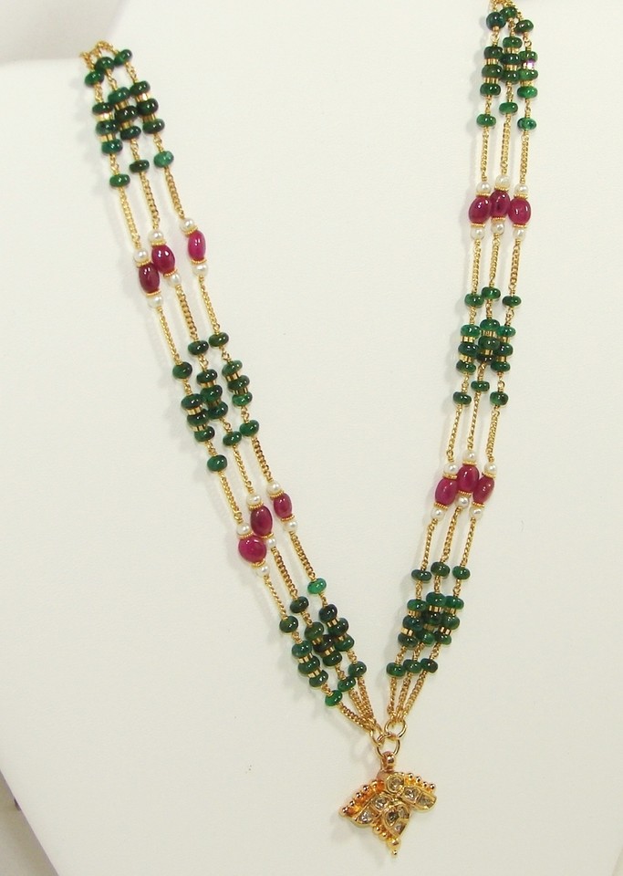 22K GOLD DIAMOND RUBY EMERALD PEARL NECKLACE PENDANT KDM | eBay