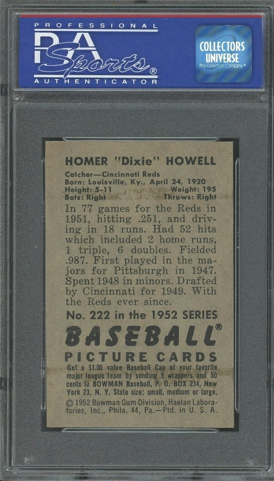 1952 BOWMAN #222 DIXIE HOWELL PSA 7 | eBay