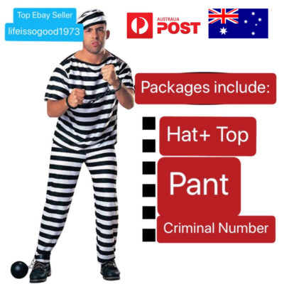 Man Prisoner Costume Jail Convict Halloween Party Hat+Top+Pant+Criminal ...