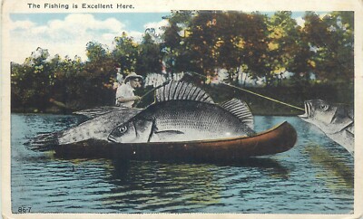 Fishing exaggeration fisherman boat big catch surrealism postcard ...