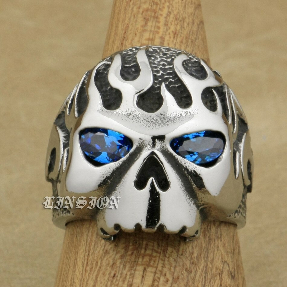 316L Stainless Steel Blue Eyes Fire Skull Mens Biker Punk Gothic Ring ...