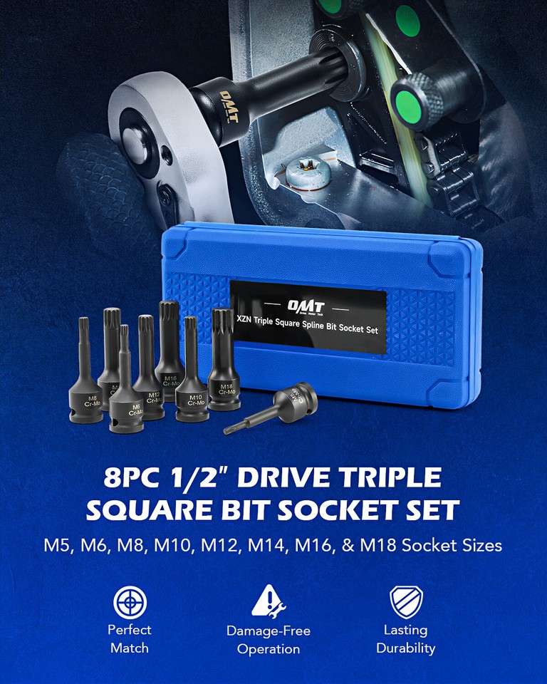 OMT 8pcs Impact XZN Triple Square Spline Bit Socket Set 1/2 In Drive ...
