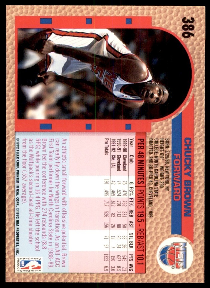 1992-93 Fleer Chucky Brown . New Jersey Nets #386 | eBay