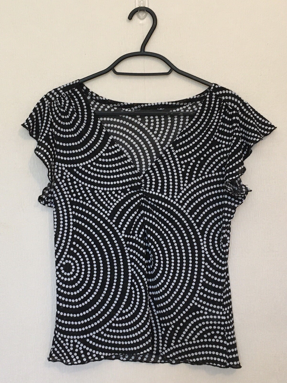 Vintage mesh stretchy top geometric black white polka… - Gem