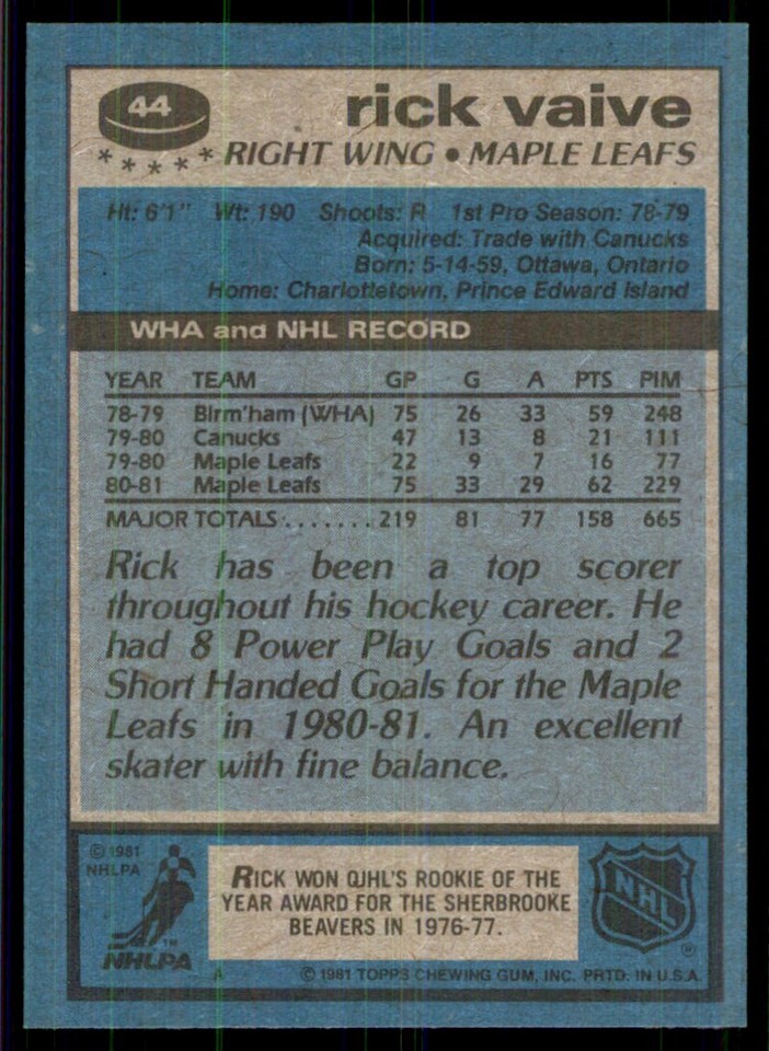 1981-82 Topps Rick Vaive Toronto Maple Leafs #44 | eBay