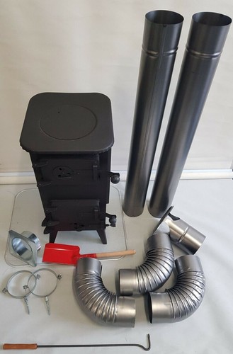 WOOD LOG BURNER STOVE + FLUE SYSTEM PIPES SET ELBOW WALL BRACKETS PLATE ...