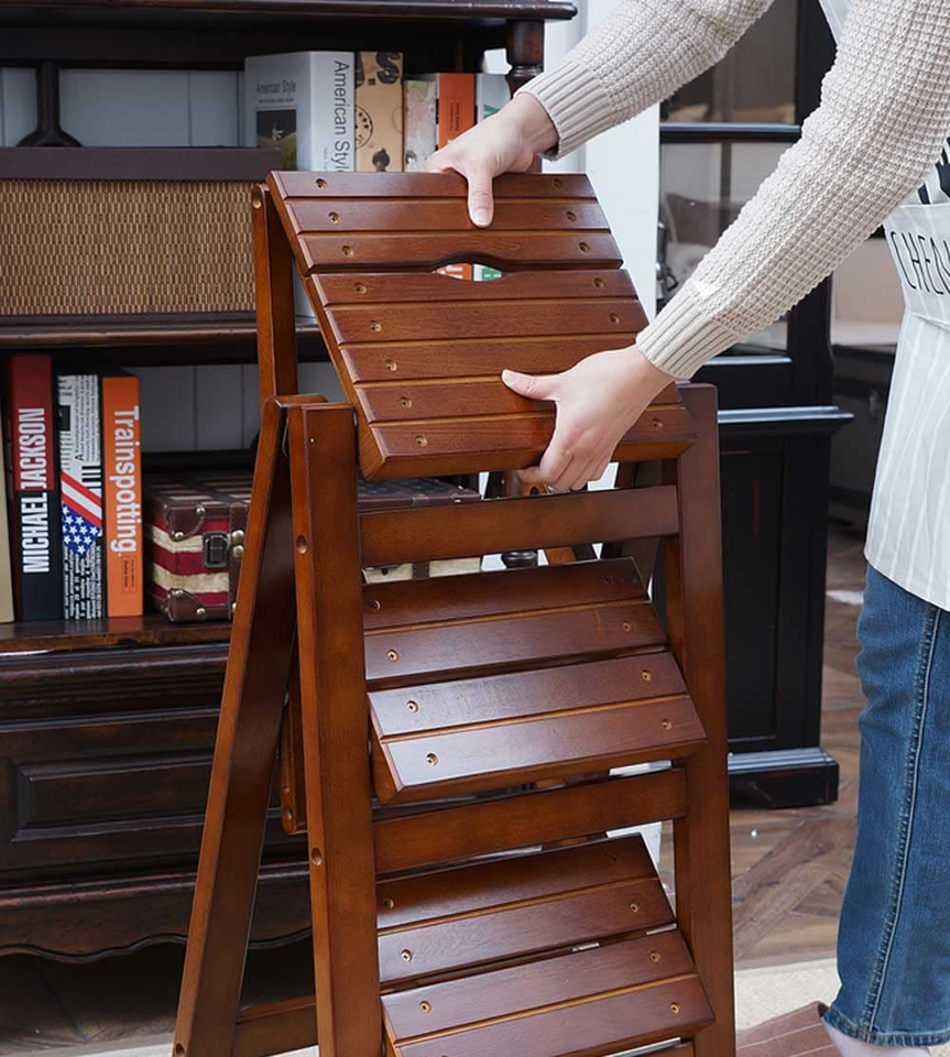 3 Step Stool Wooden Folding Ladder Chair Thickened Library Stair Chair ...