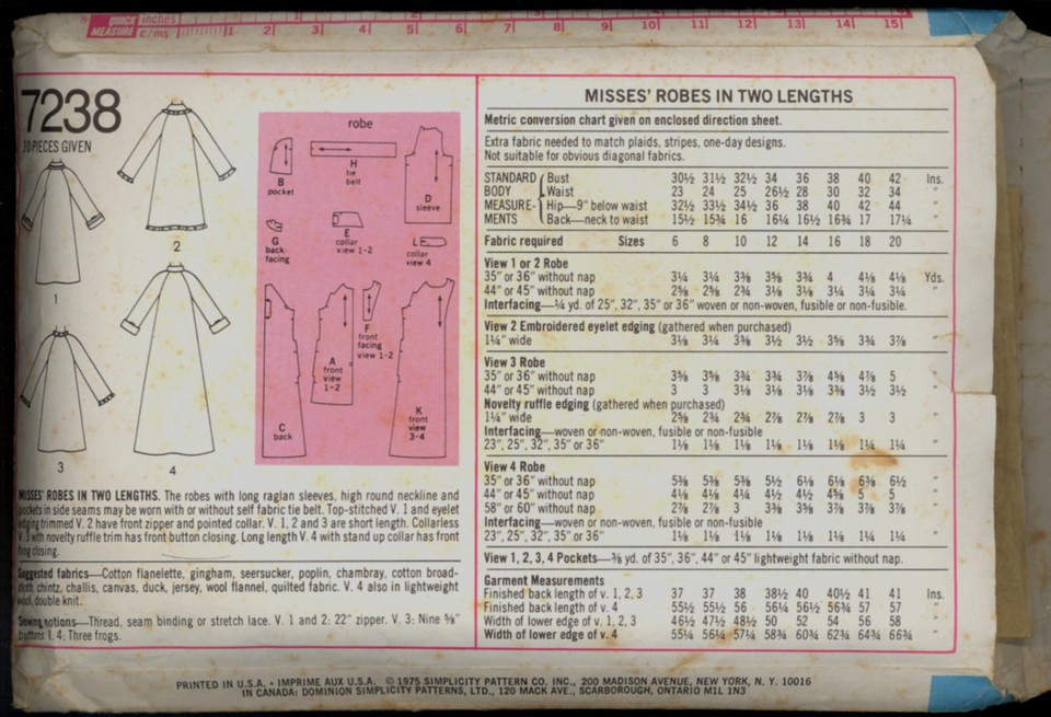 70s Size 12 Bust 34 Raglan Sleeve Robe 2 Lengths Simplicity 7238 Vtg ...