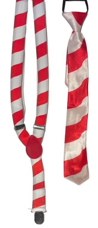 CHRISTMAS NECK TIE & SUSPENDERS SET Red White Candy Cane Adult Costume ...