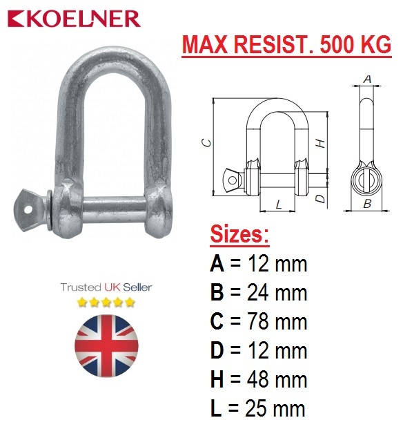 12mm GALVANISED STEEL D STRAIGHT TESTED LIFTING SHACKLE DEE 500kg FREE ...
