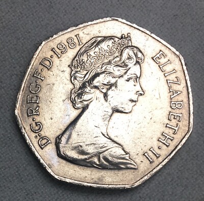UK 1981 Queen Elizabeth II 50 New Pence Coin D G Reg F D. Great Find ...