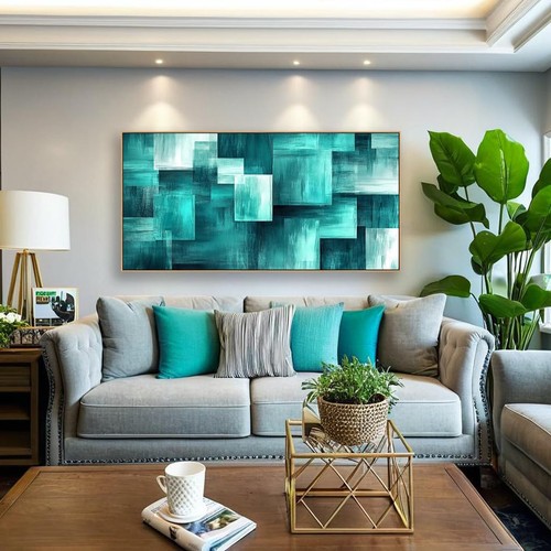 Framed Abstract Canvas Wall Art Canvas Print Teal Geometric Pattern