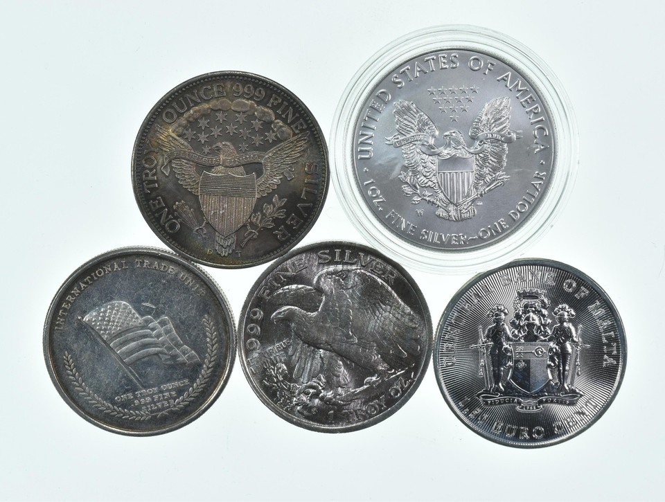 Lot 5 VINTAGE 1 Oz Silver Bars/Rounds Art Bars Collection Poured .999 * ...