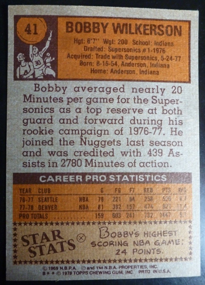 1978-79 Topps Bobby Wilkerson #41, Denver Nuggets VG/EX | eBay