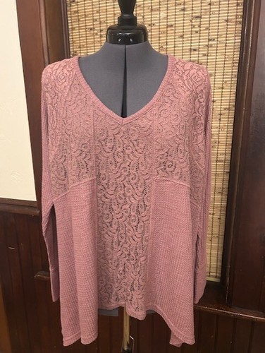 Symmetry Women's Pink Long Sleeve Sweater With Lace Roses Plus Size 2X ...