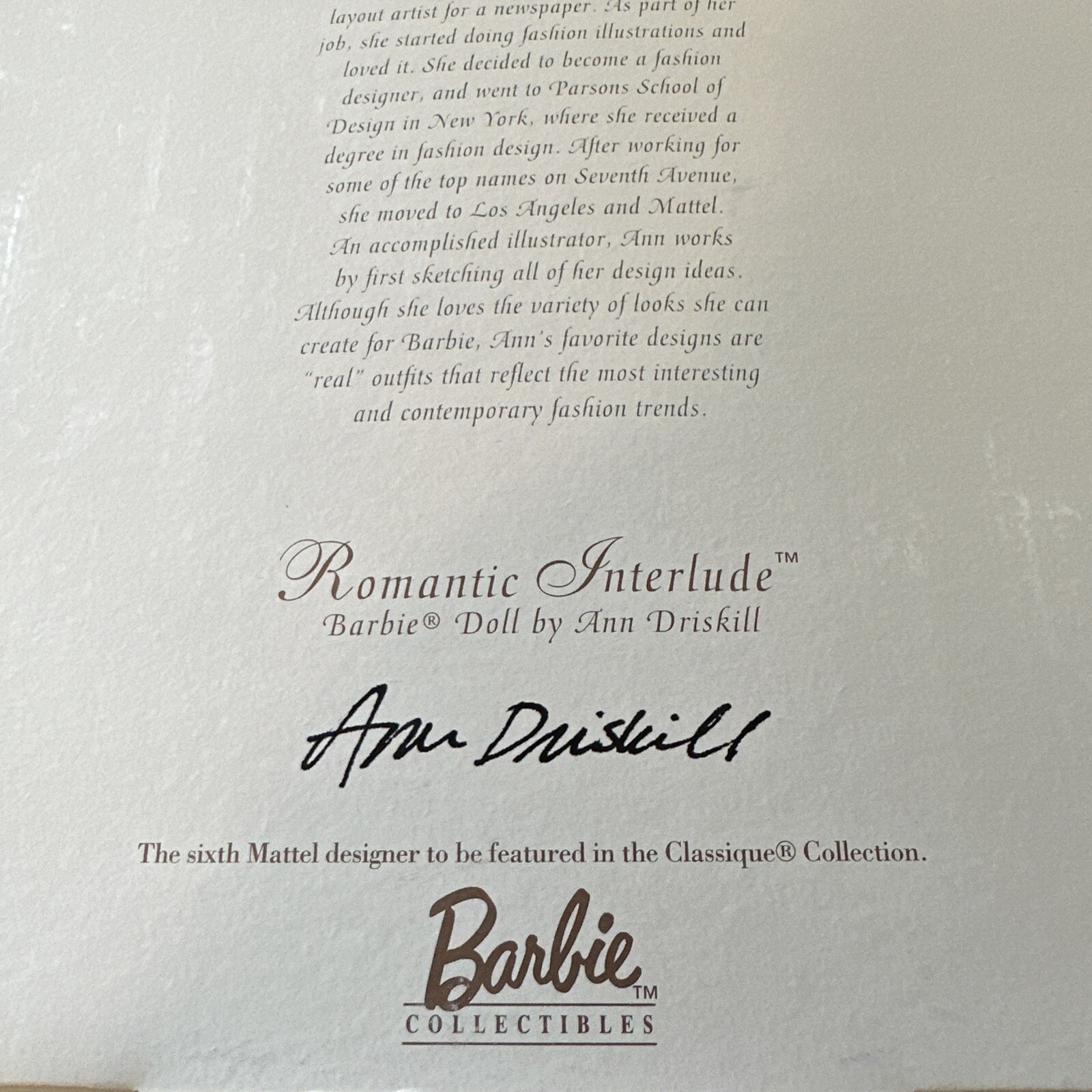 ROMANTIC INTERLUDE BARBIE DOLL CLASSIQUE COLLECTION 1996 MATTEL NRFB ...