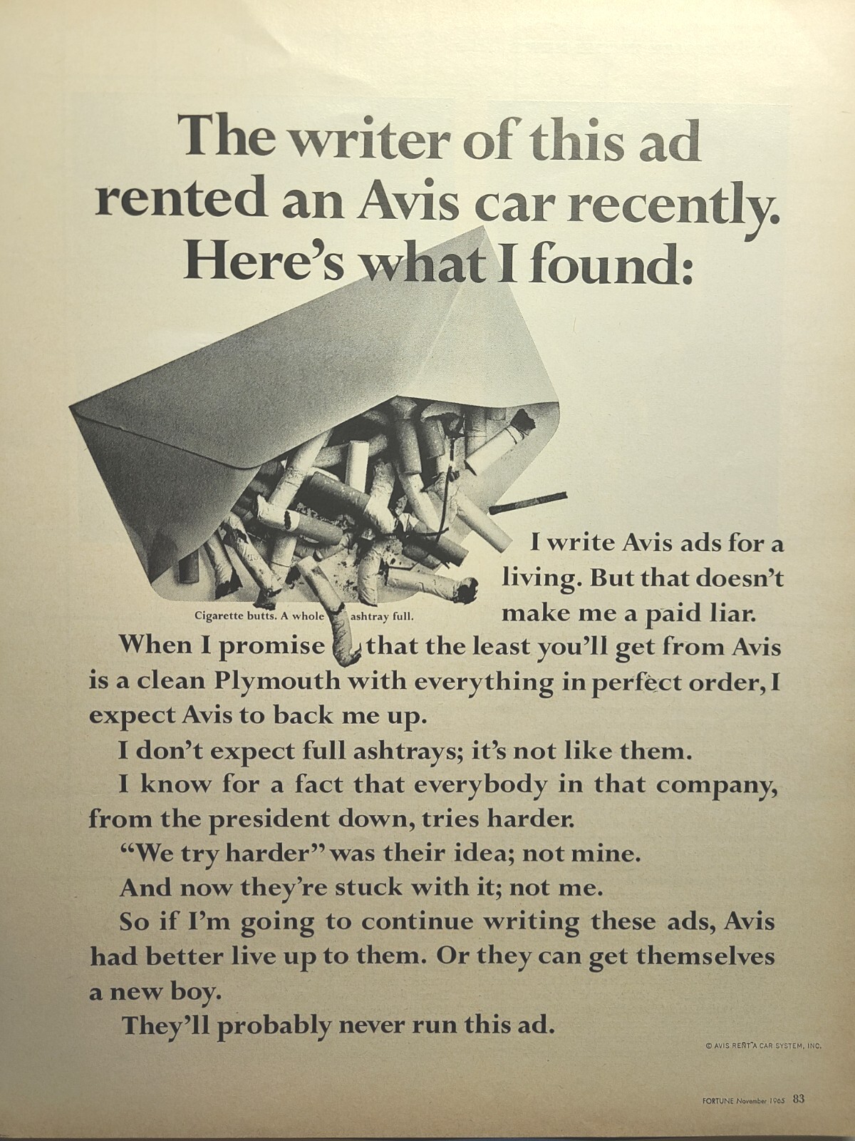 Avis Rent-A-Car System We Try Harder Cigarette Butts Vintage Print Ad ...