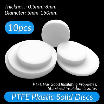 10x WHITE PTFE ROUND FLAT PLASTIC DISCS HIGH TEMP LOW FRICTION 0.5MM ...