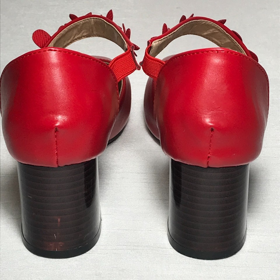 Vintage 90s Red Pumps Shoes Chunky Heel Square Toe Cross Strap Flowers ...