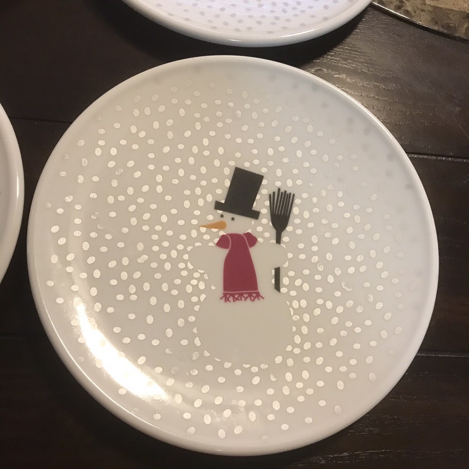 Set Of 4 Bodum SNOWMAN White Luncheon/ Salad Plates 8.5 inch Snowflakes ...