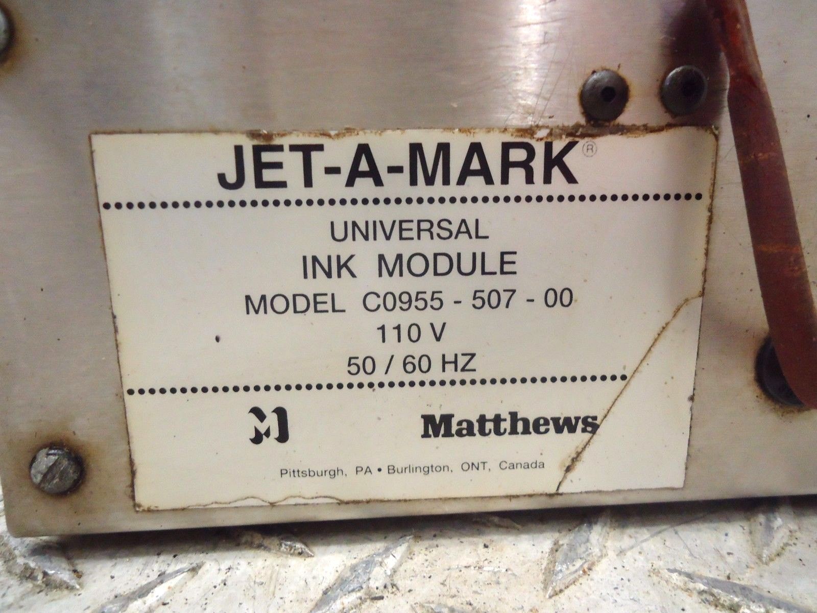 MATTHEWS JET-A-MARK UNIVERSAL INK MODULE C0955-807-00 110V 50/00 for ...