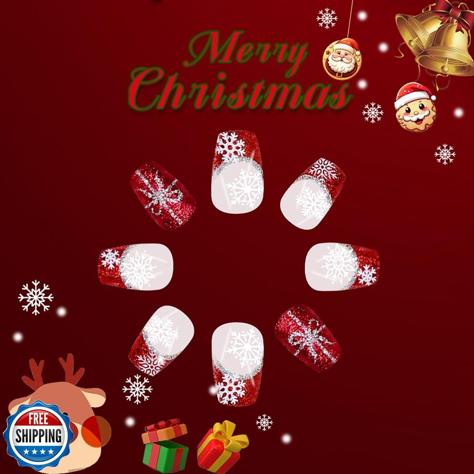 24Pcs Christmas Fake Nails Red Press on Nails Glitter Press on Nails ...