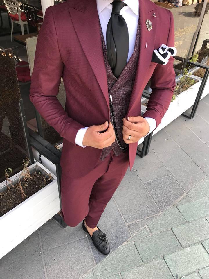 Designer Business Bordeaux Red Suit Jacket Miliert Vest Fitted Slim Fit ...
