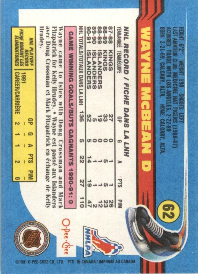 1991-92 O-Pee-Chee NHL Wayne McBean #62 | eBay