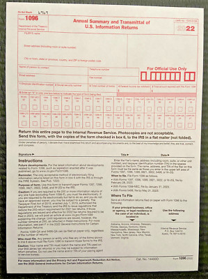 20 Tax Forms 1096 Annual Summary & Transmittal Year 2022 | eBay
