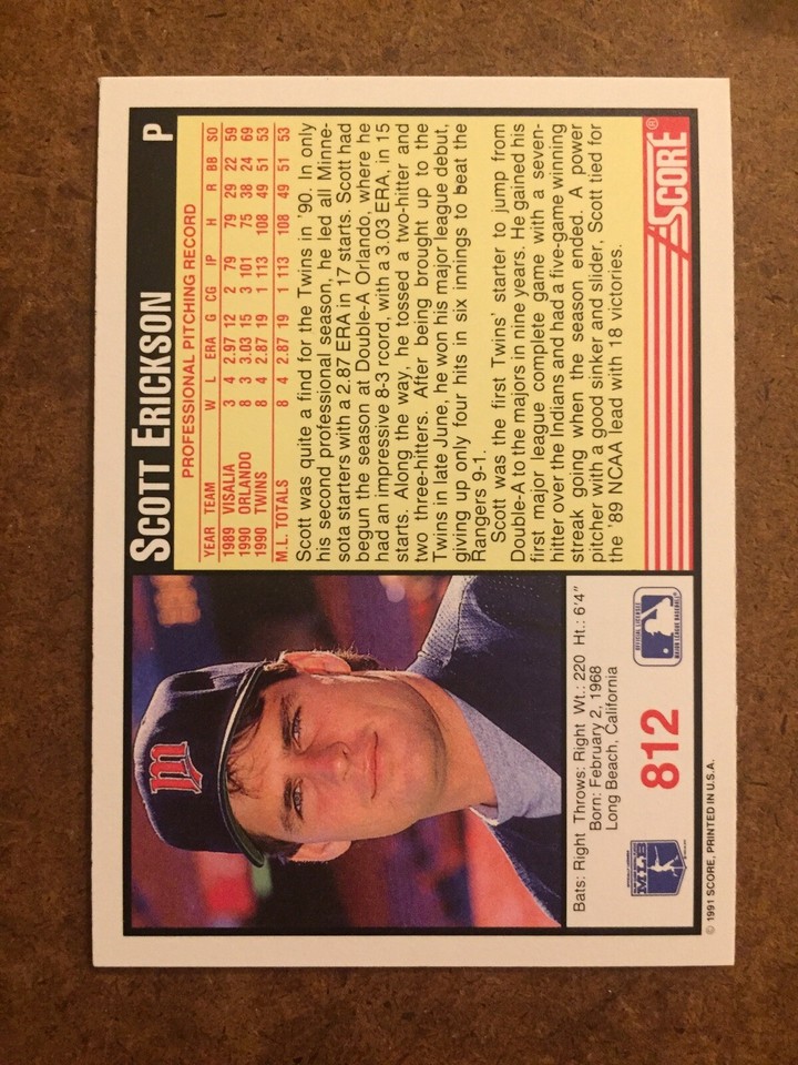 Scott Erickson 812 Score 1991 MLB Baseball Trading Card | eBay
