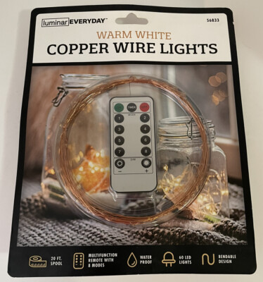 NEW Everyday Luminar Copper Wire Lights With Remote 60 Count, 20 Foot ...