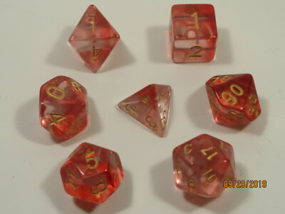 NEW RPG Dice Set of 7 - Mysty Clear Red(Gold Inking) D4 D6 D8 D10 D12 ...