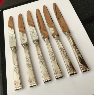 6 X SILVER PLATE ROSE GARDEN 22cm DINNER KNIVES SMITH SEYMOUR ESS ESS ...