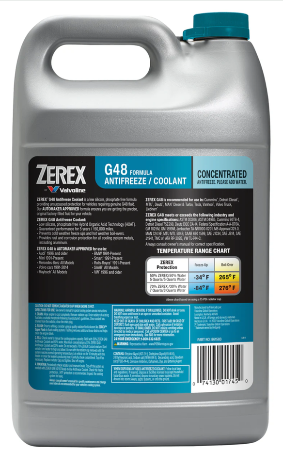 Valvoline Zerex G48 Concentrate Antifreeze/Coolant | BMW Tesla Mercedes ...