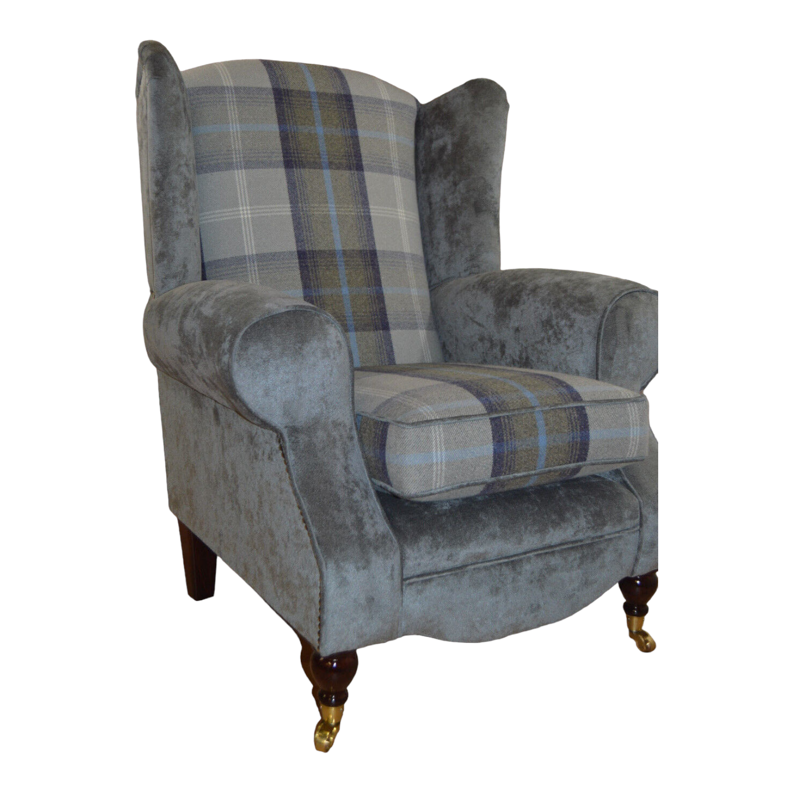 Wing Back Queen Anne Accent Chair Blue Tartan Seating Area & Plain Grey ...