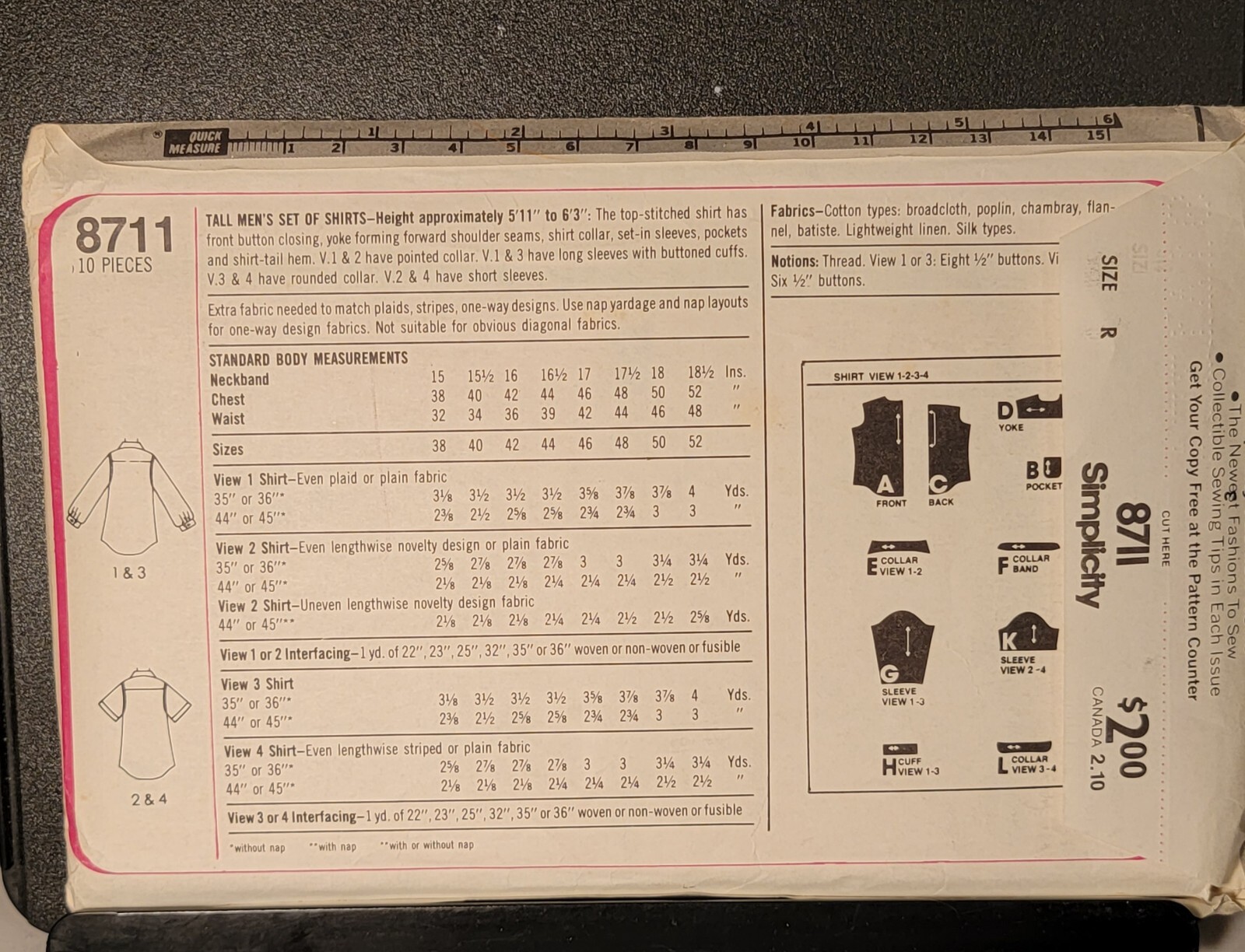 Vintage Simplicity Sewing Pattern 8711 Men's SHIRT Tall 38-44 Neck 15 ...