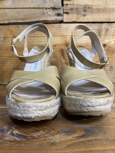Jimmy Choo Patted Leather Beige Espadrille Platform Wedge Strap Sandals ...