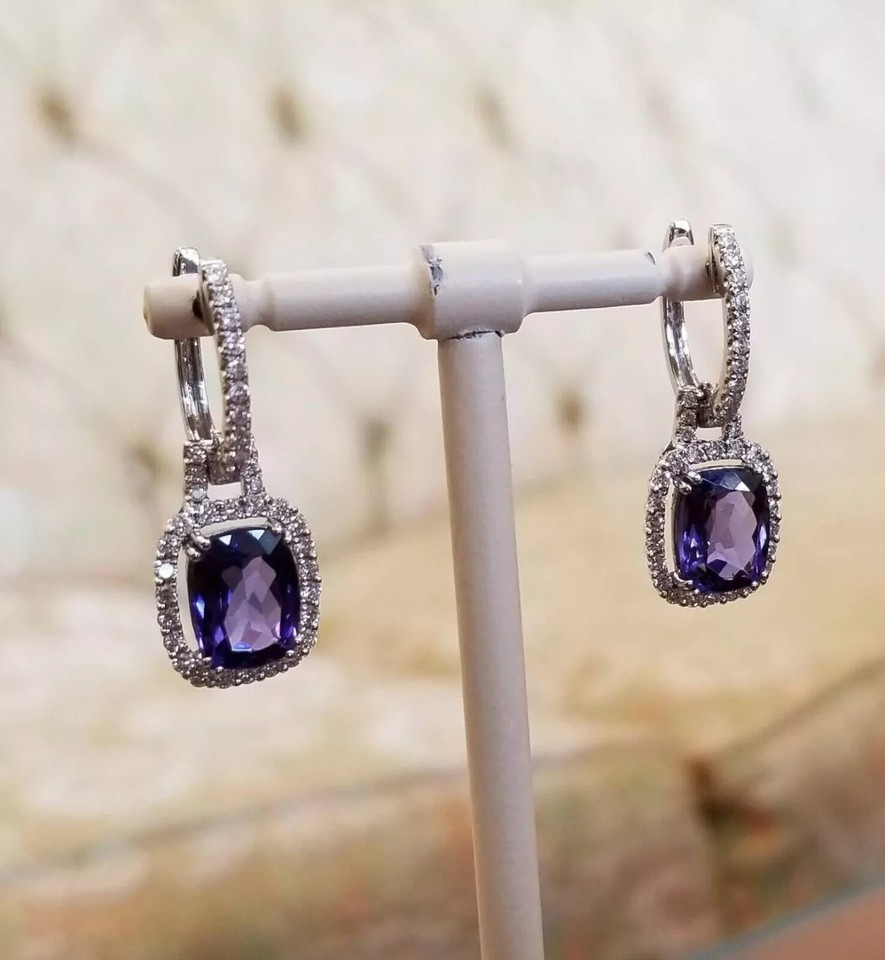 4Ct Cushion Cut Lab-Created Tanzanit Drop/Dangle Earrings 14K Yellow ...