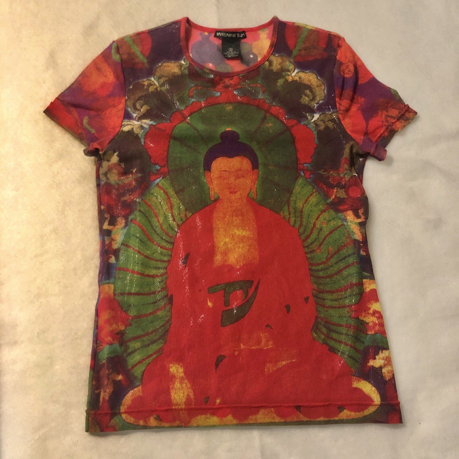 Vivienne Tam Y2K Rare Buddha Print Mesh Top Sz 0/XS - Gem